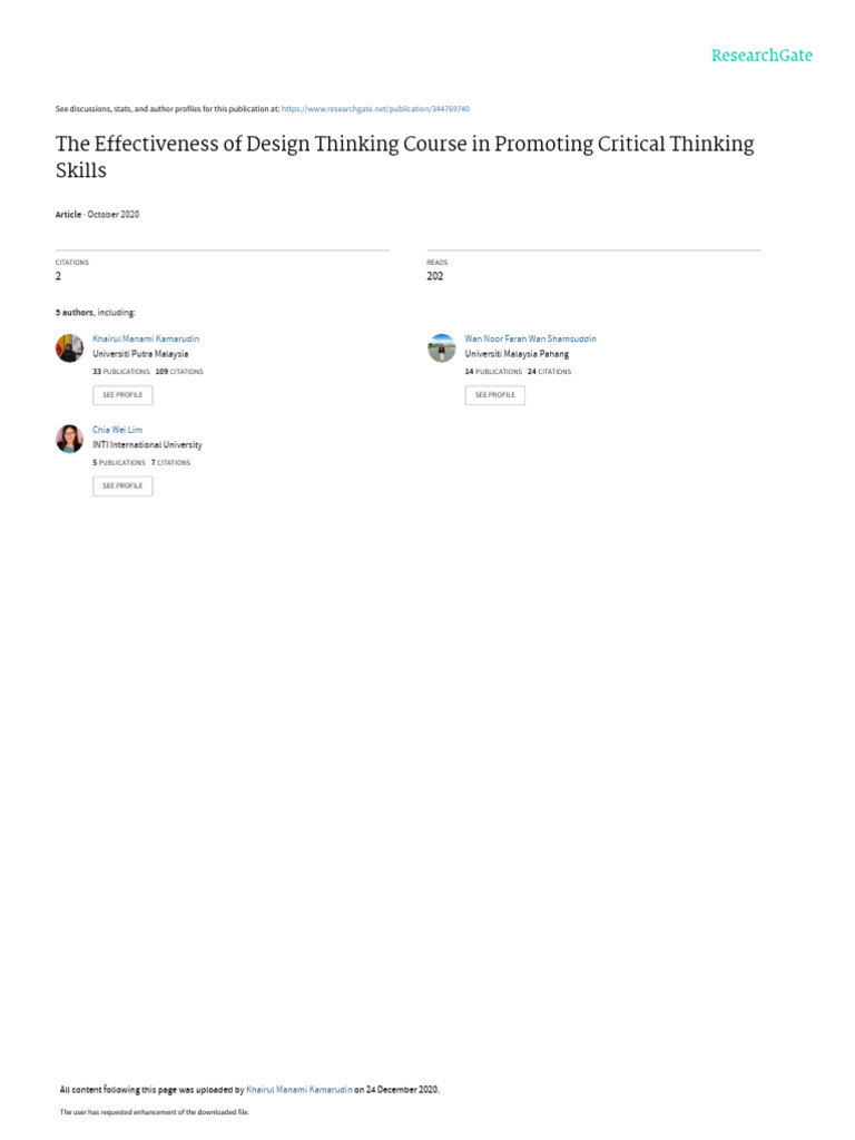 The Effectiveness of Design Thinking Course in Promoting Critical ... The Effectiveness of Design Thinking Course in Promoting Critical ...