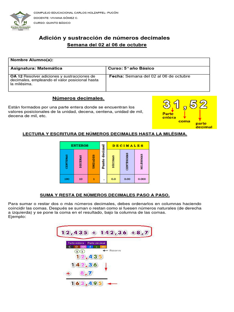 Sumas y Restas Decimales 5° Grado | PDF