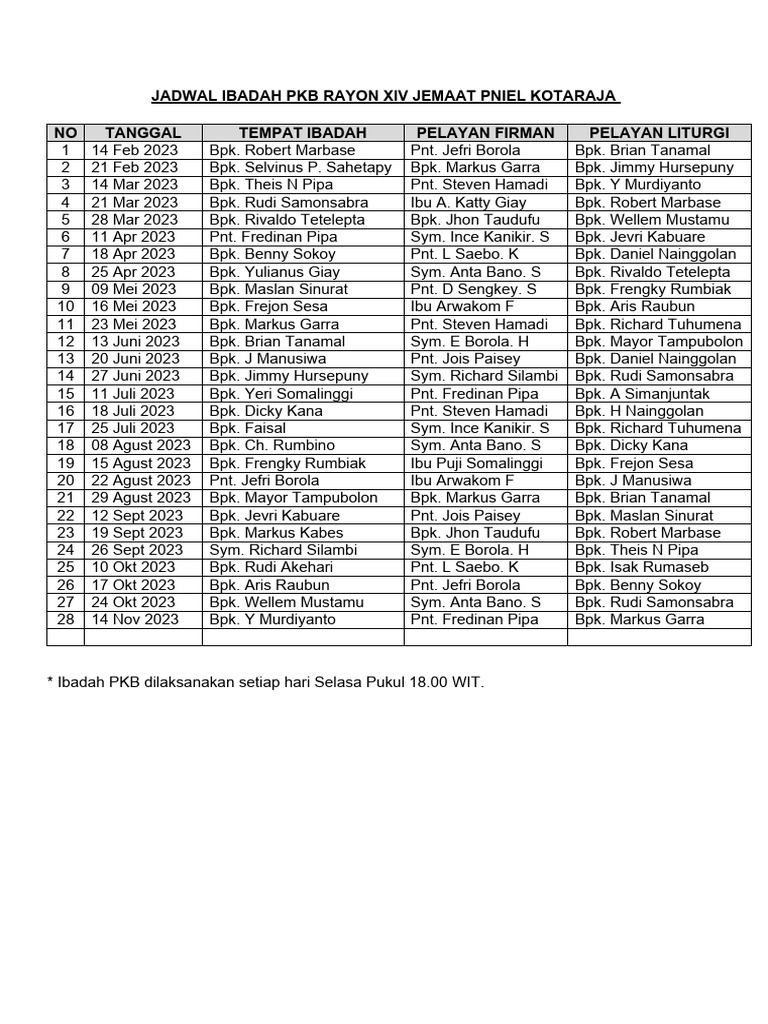 Jadwal Ibadah PKB Rayon Xiv 2023 | PDF | Travel | Art