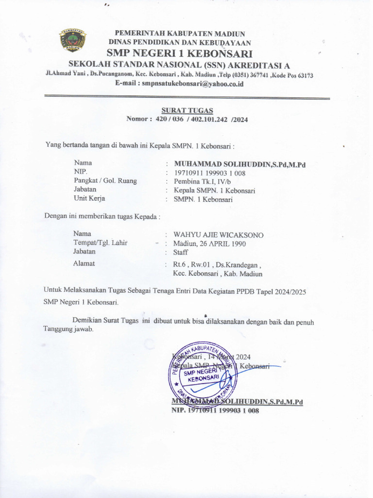 Surat Tugas Entri Data Kegiatan PPDB Tapel 2024 2025 SMPN 1 Kebonsari ... Surat Tugas Entri Data Kegiatan PPDB Tapel 2024 2025 SMPN 1 Kebonsari ...