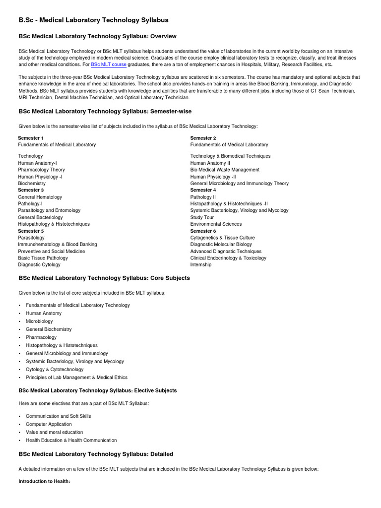 B.SC - Medical Laboratory Technology Syllabus | PDF | Medical ...