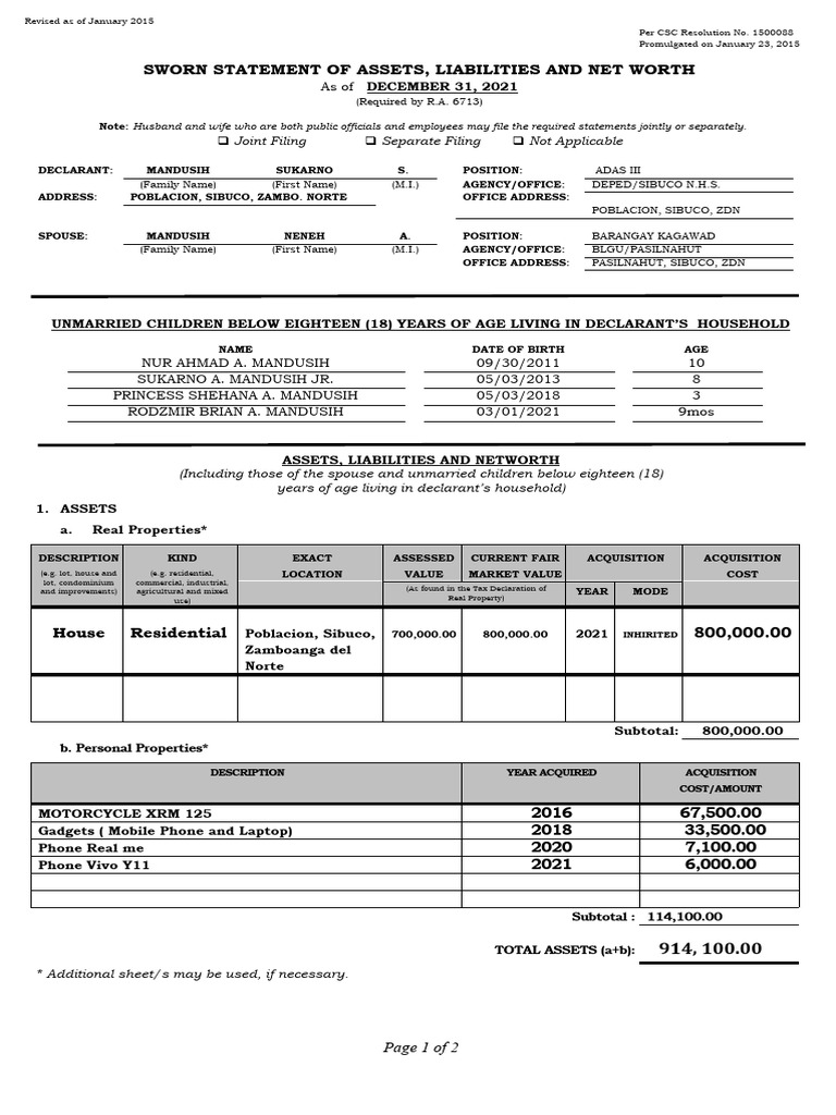 SALN | PDF | Net Worth | Financial Accounting