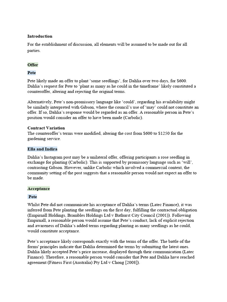 Contracts Assessment | PDF | Consideration | Offer And Acceptance