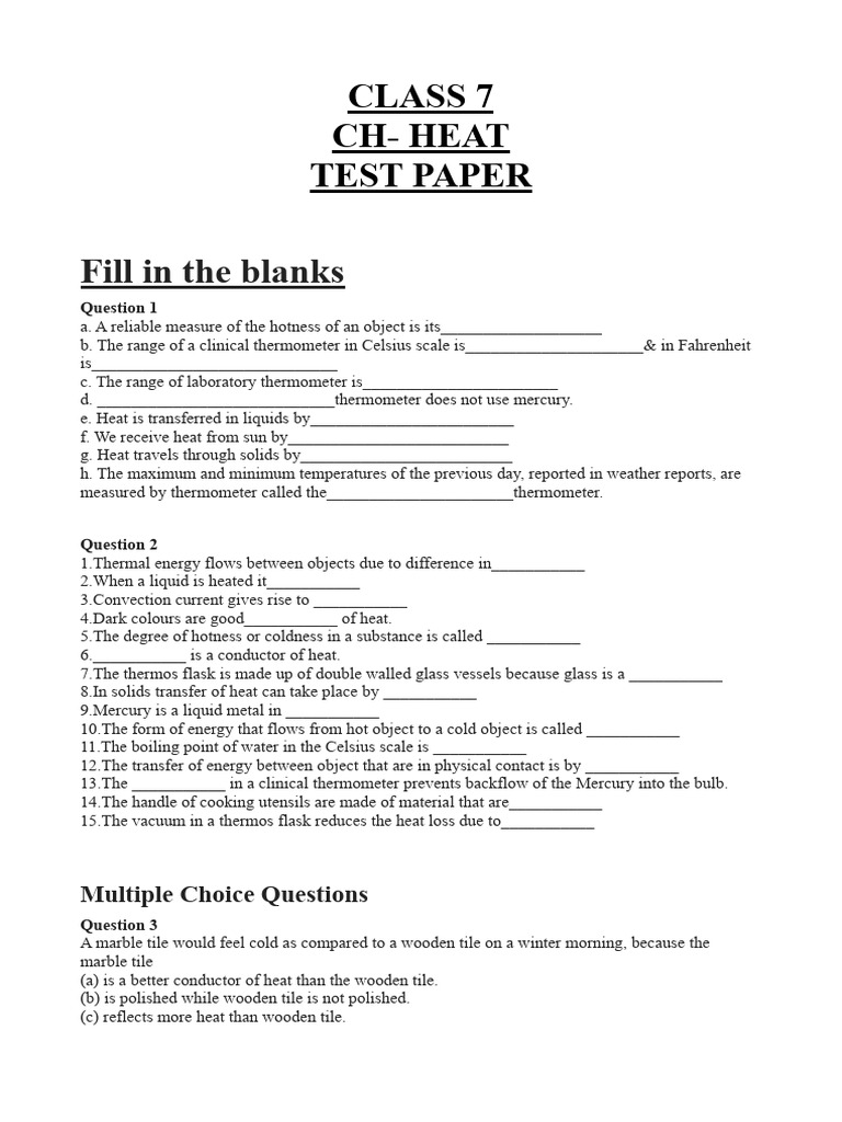 Class 7 Heat Sample Paper | PDF | Heat Transfer | Temperature