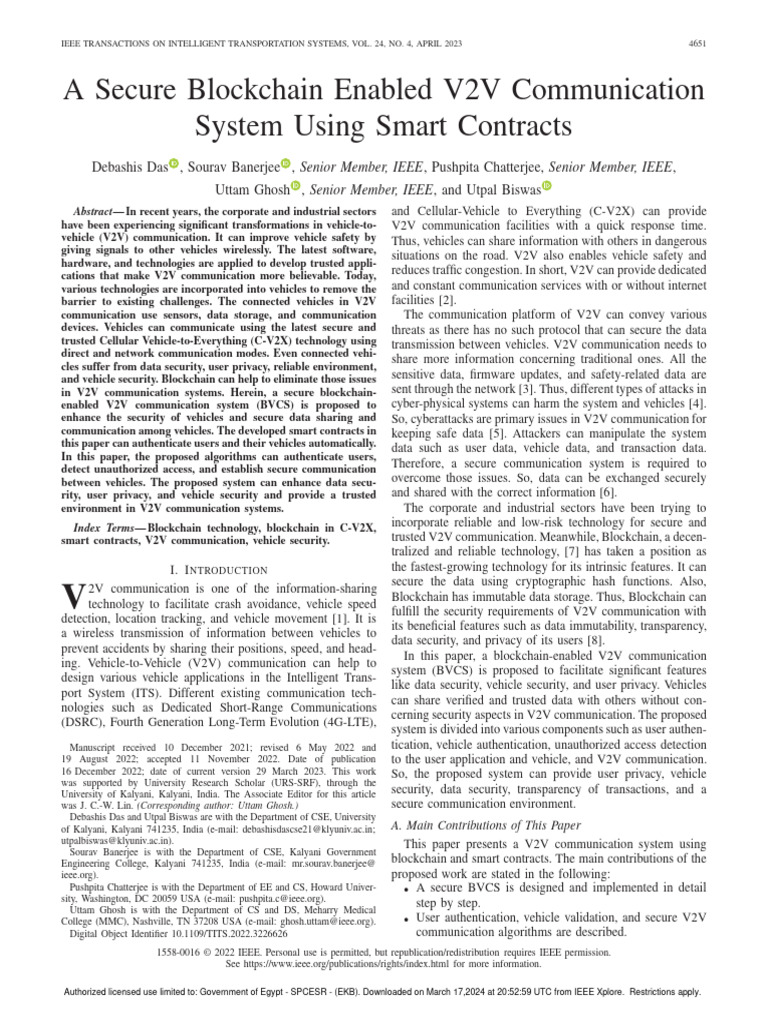 A Secure Blockchain Enabled V2V Communication System Using Smart Contracts | PDF | Key ...