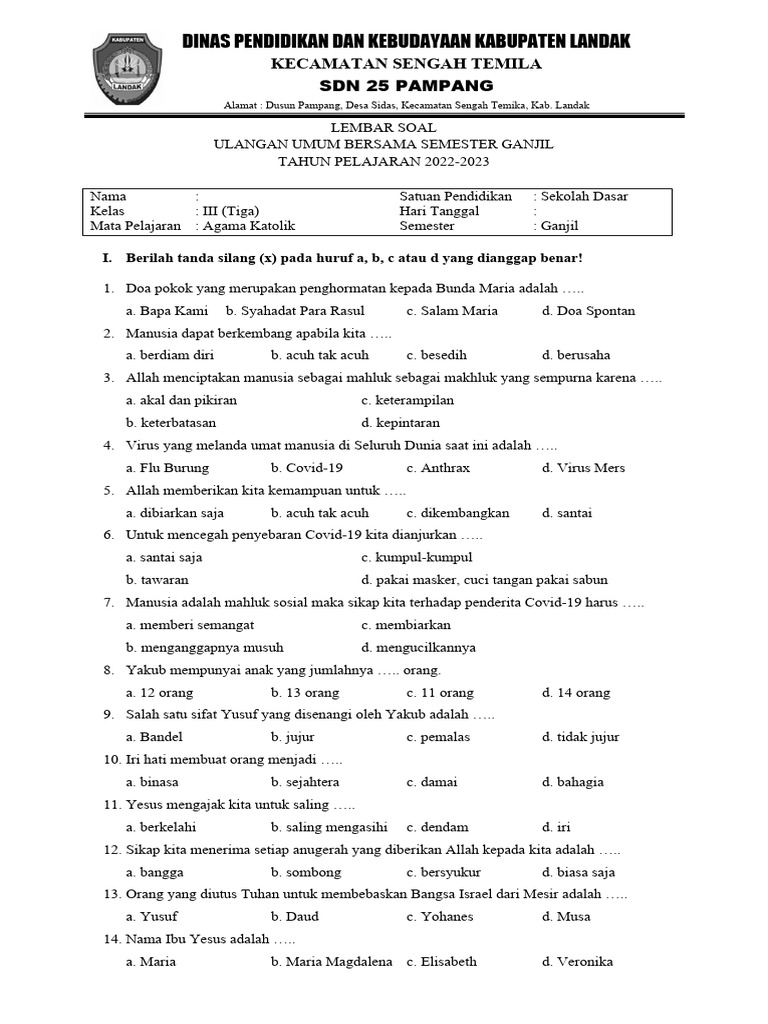 Soal PAS Kls 3 Agama Katolik SDN Untang | PDF