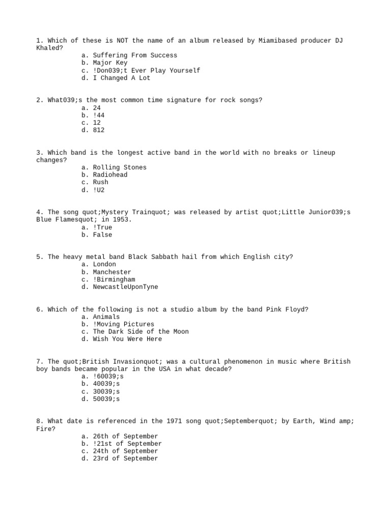 Music and History Quiz Questions | PDF | History | Young Adult