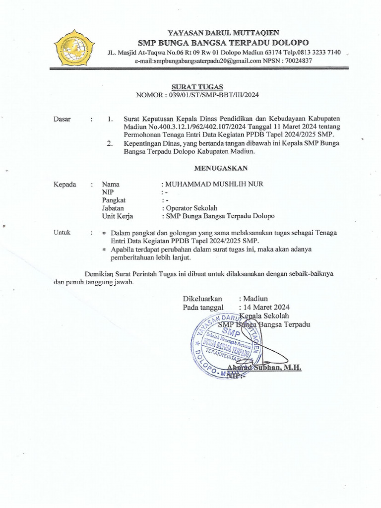 Surat Tugas Tenaga Entri Data PPDB SMP Bunga Bangsa Terpadu | PDF