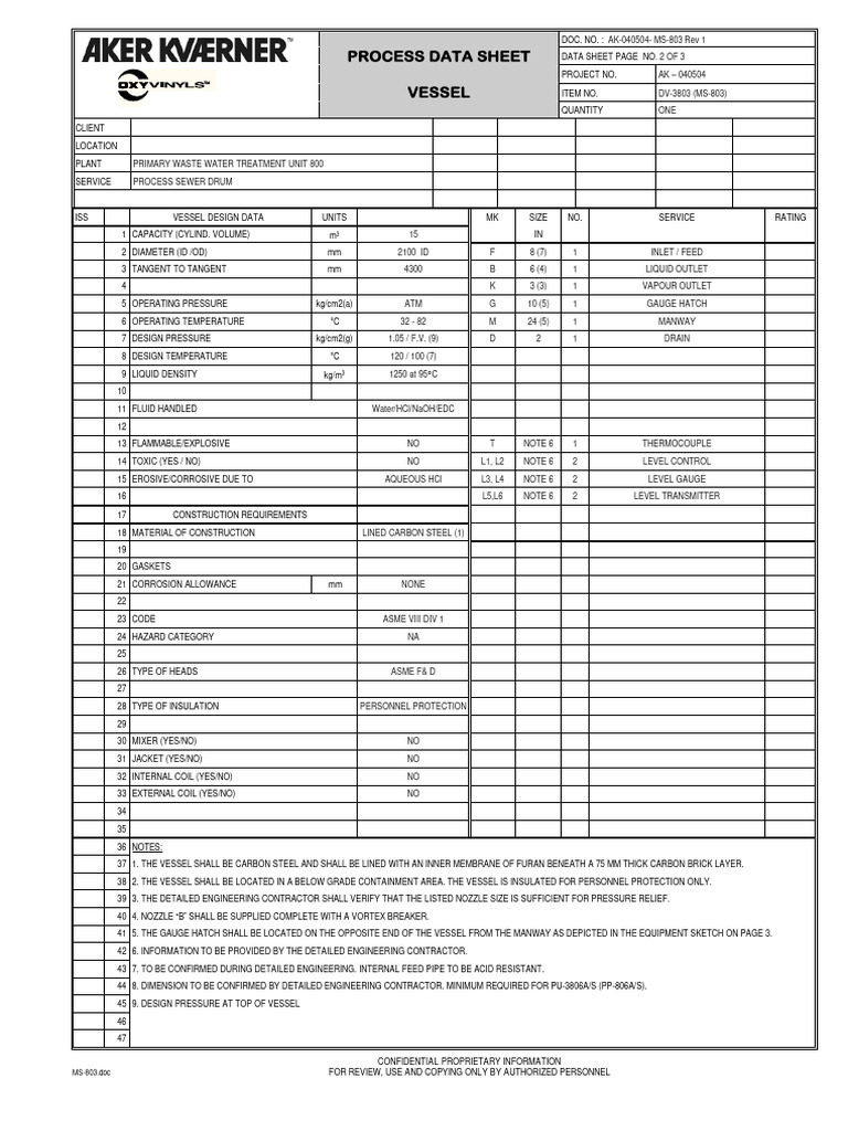 Process Vessel Datasheet | PDF | Mechanical Engineering | Chemical ...