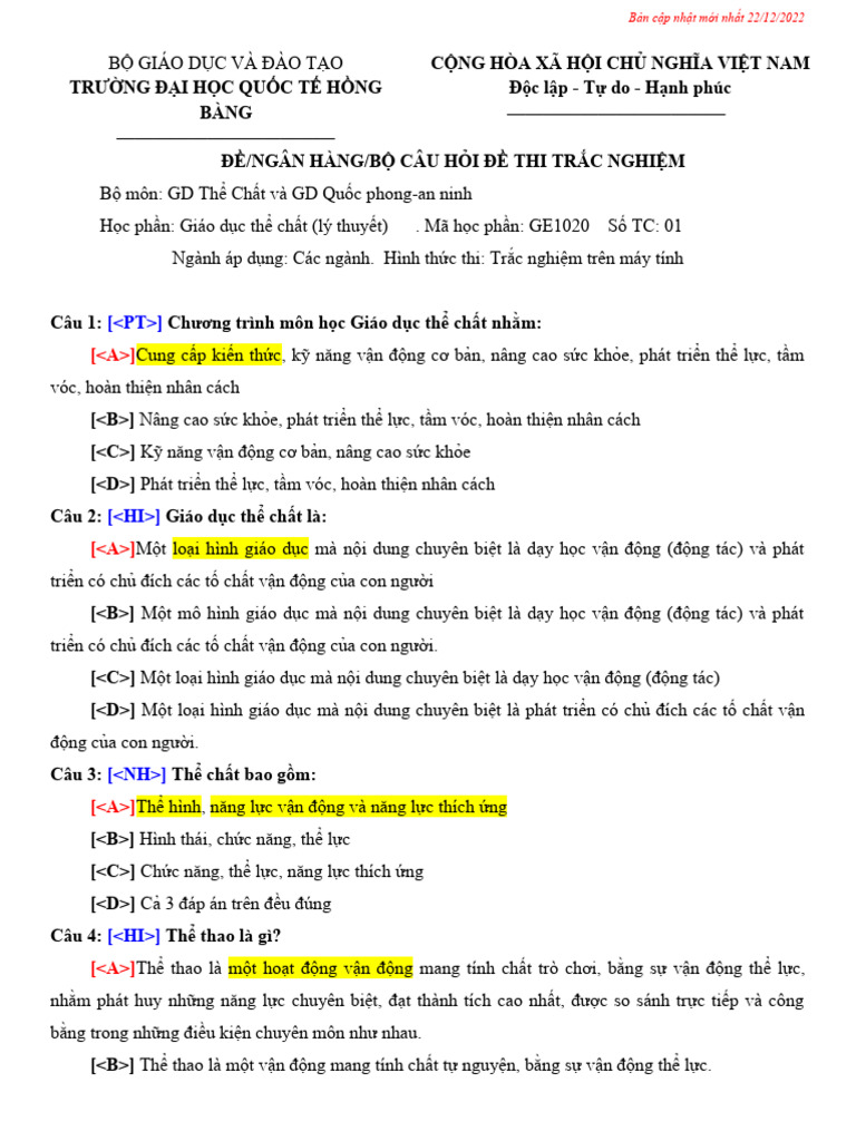 ĐỀ CƯƠNG ÔN TẬP LÝ THUYẾT GDTC | PDF