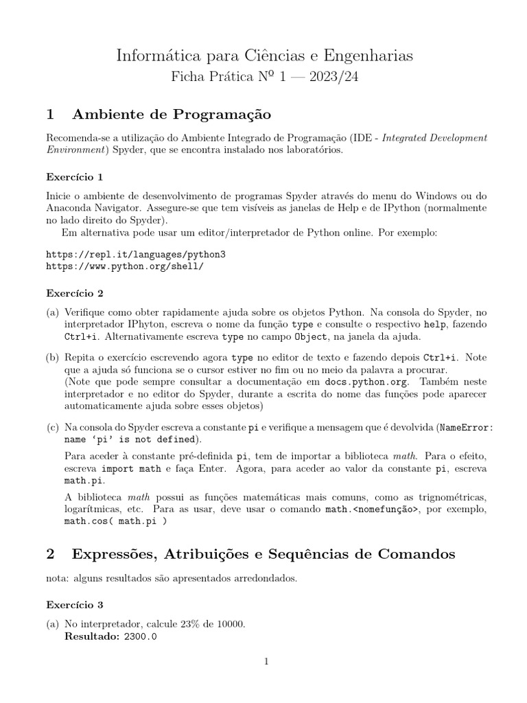 Ficha 01 | PDF | Python (linguagem de programação) | Logaritmo