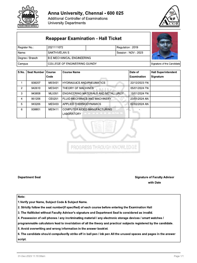 Reappear Examination - Hall Ticket | PDF