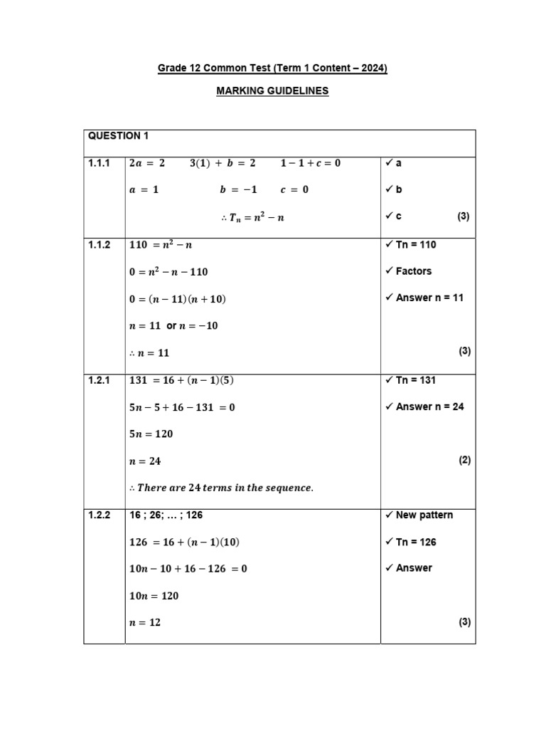 Grade 12 Term 1 Test Marking Guide | PDF | Mathematical Analysis ...