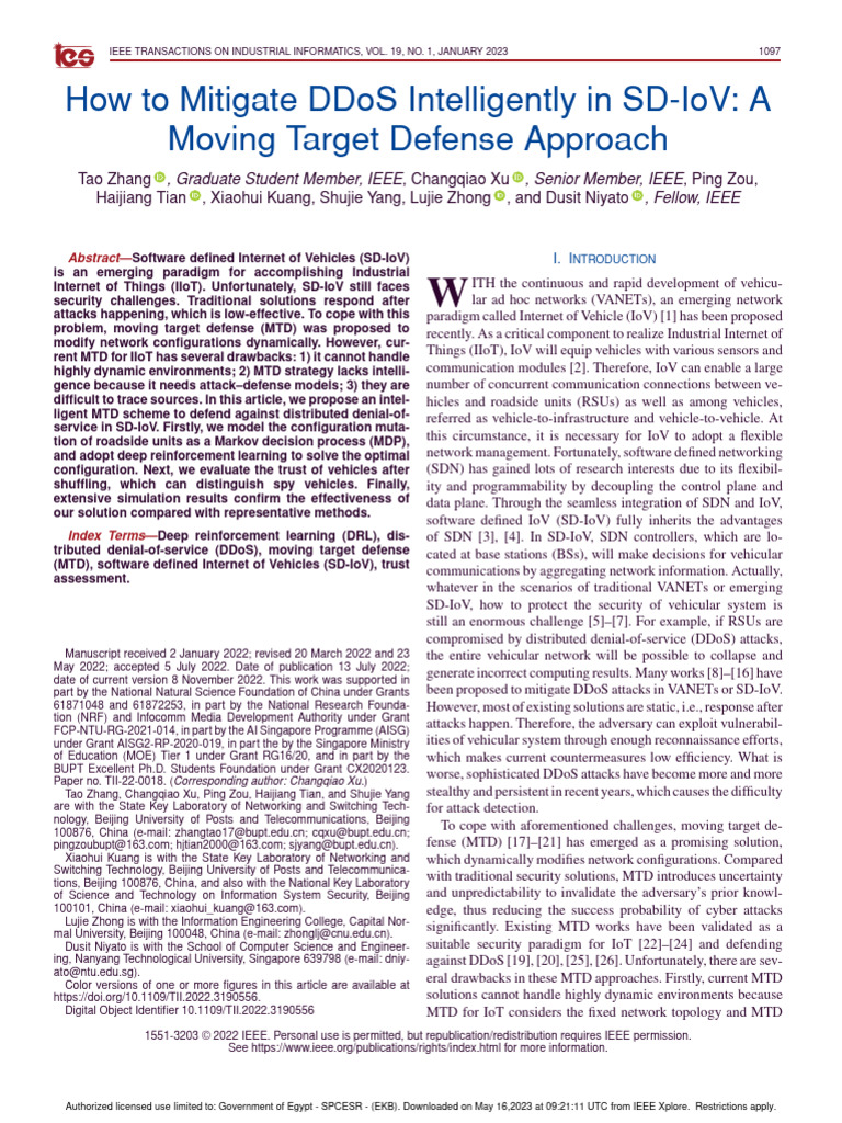 How To Mitigate DDoS Intelligently in SD-IoV A Moving Target Defense Approach | PDF | Denial Of ...