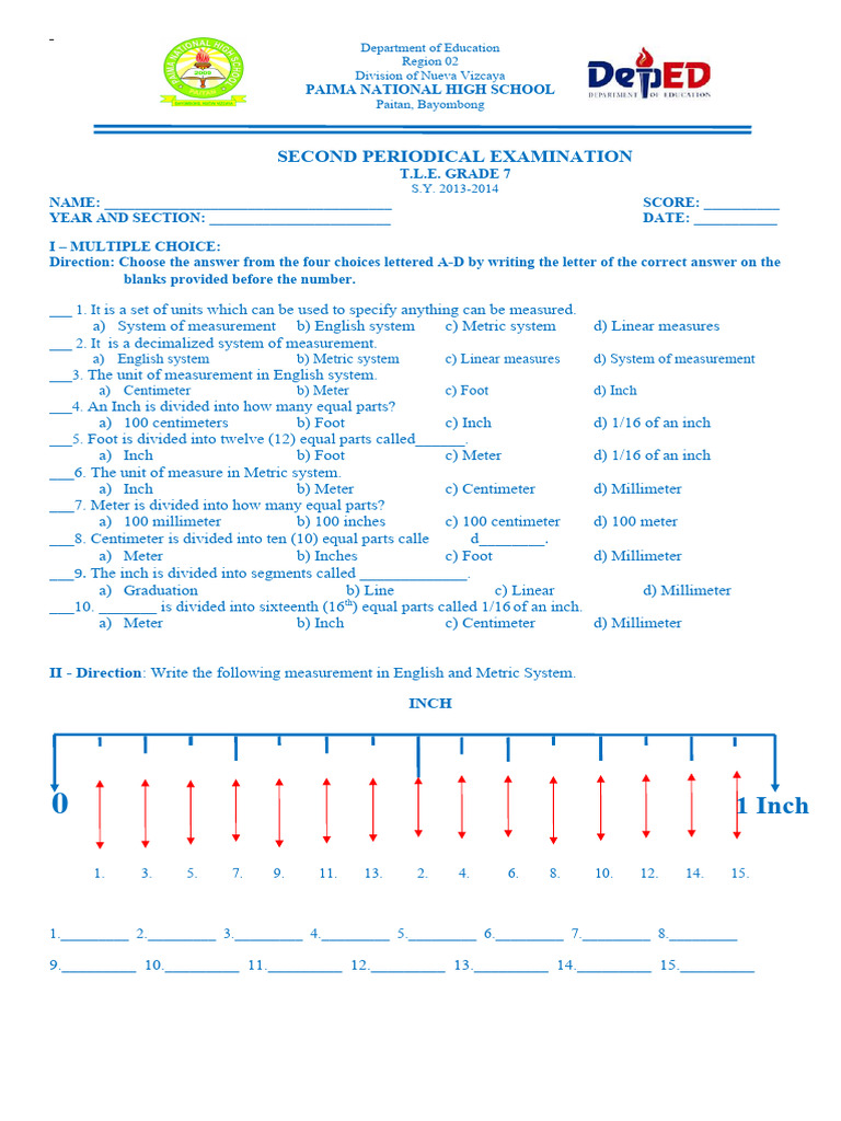 2013-2014 Second Periodical Examination Grade 7 (Tle, Carpentry) | PDF | Inch | Units Of Measurement