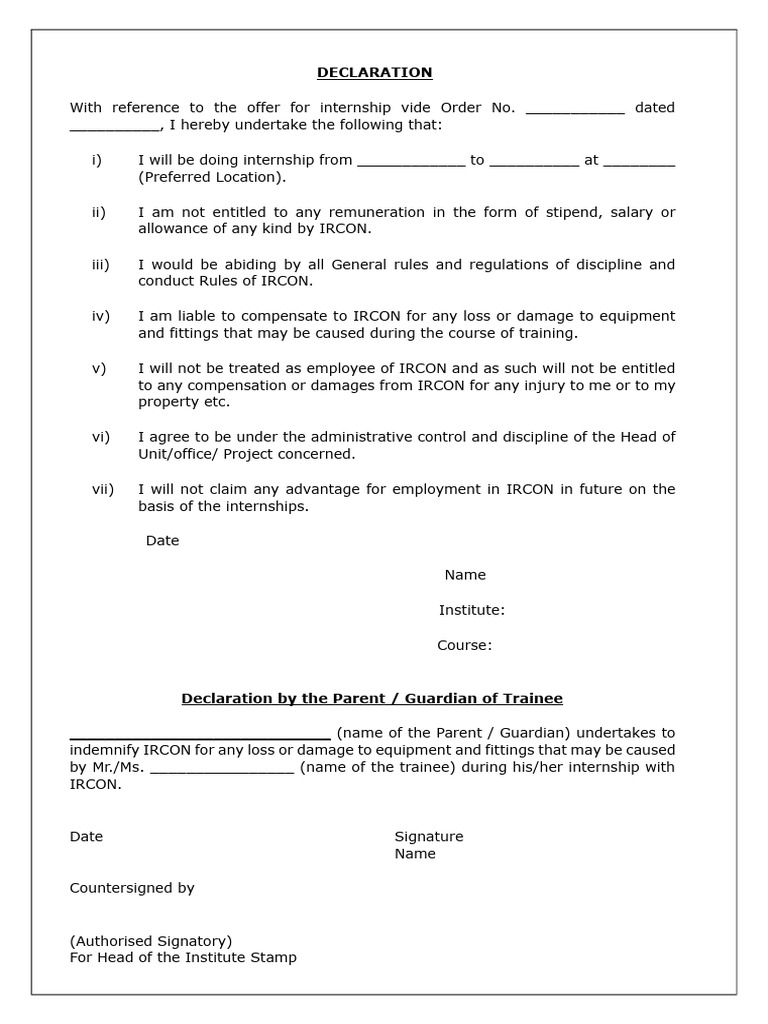 IRCON Internship Declaration Format | PDF | Internship | Job Hunting