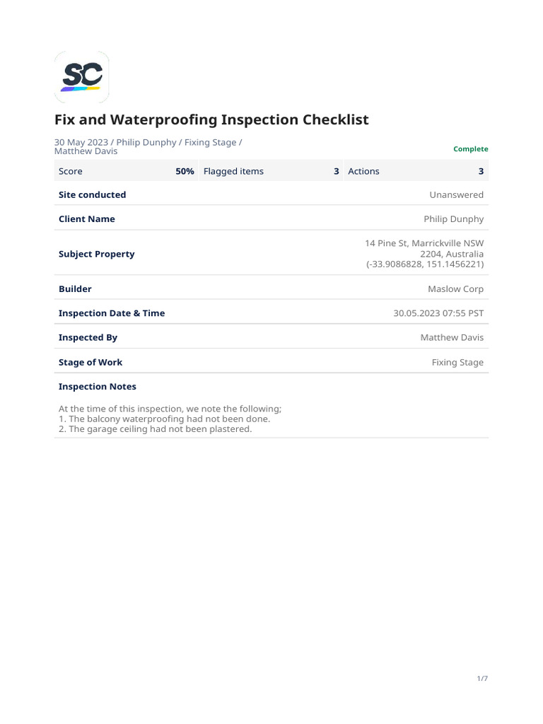 Waterproofing Inspection Checklist Sample Report | PDF