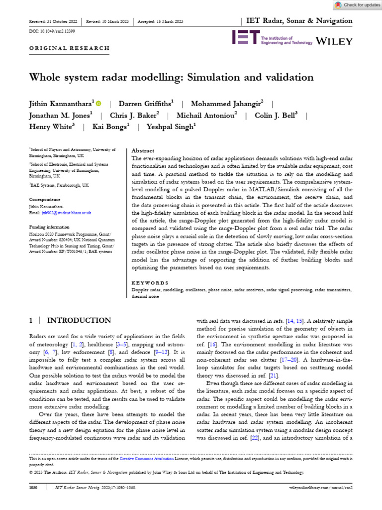 IET Radar Sonar Navi - 2023 - Kannanthara - Whole system radar modelling Simulation and ...