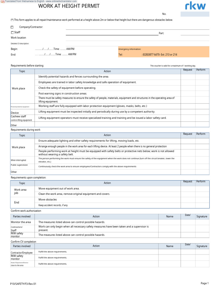 PTW in Working at Height | PDF | Occupational Safety And Health | Safety