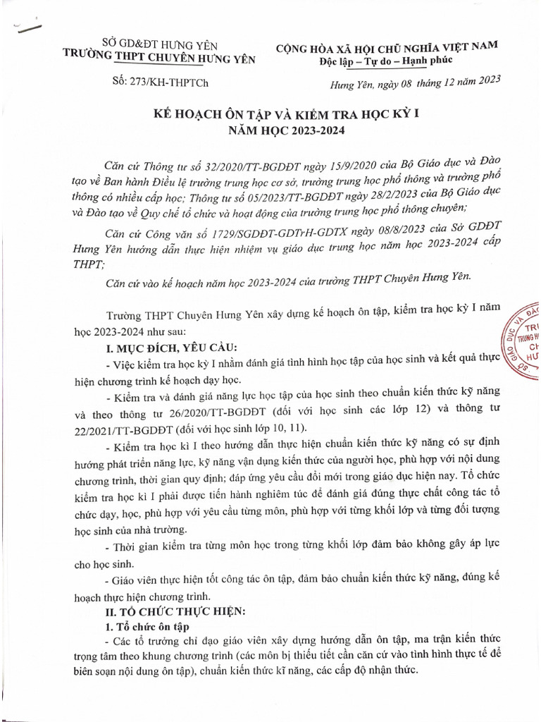 Kế Hoạch Kiểm Tra HKI 2023 2024 | PDF