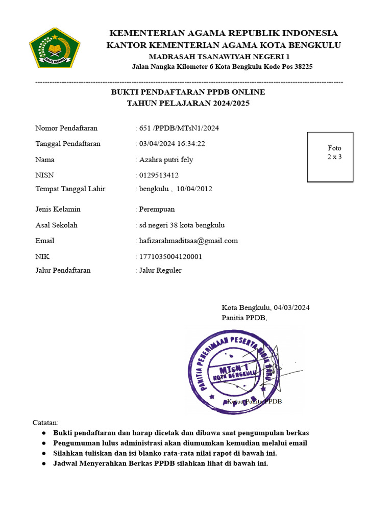 Bukti Daftar PPDB Azahra Putri Fely 2024 | PDF