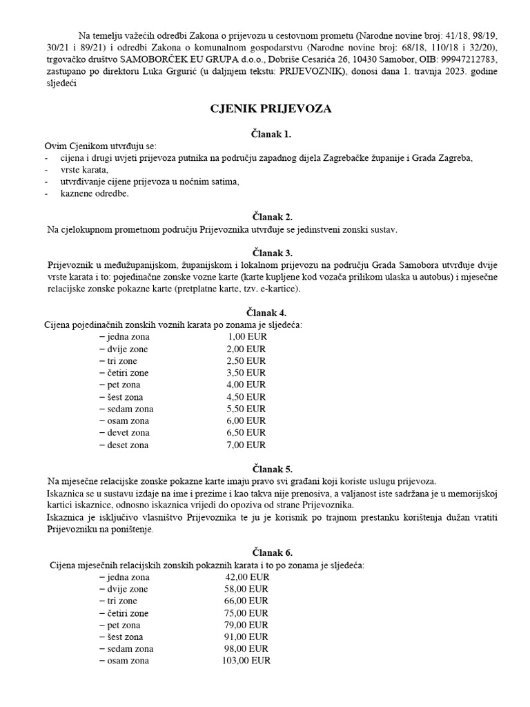 Samoborcek EU Grupa - Cjenik Prijevoza - 01042023 | PDF