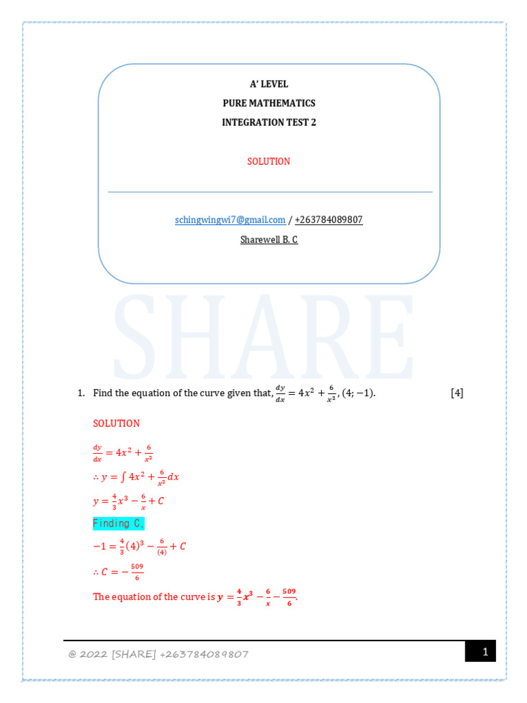 2022 TEST 2 SOLUTION INTEGRATION (PURE MATHEMATICS) Share | PDF ...