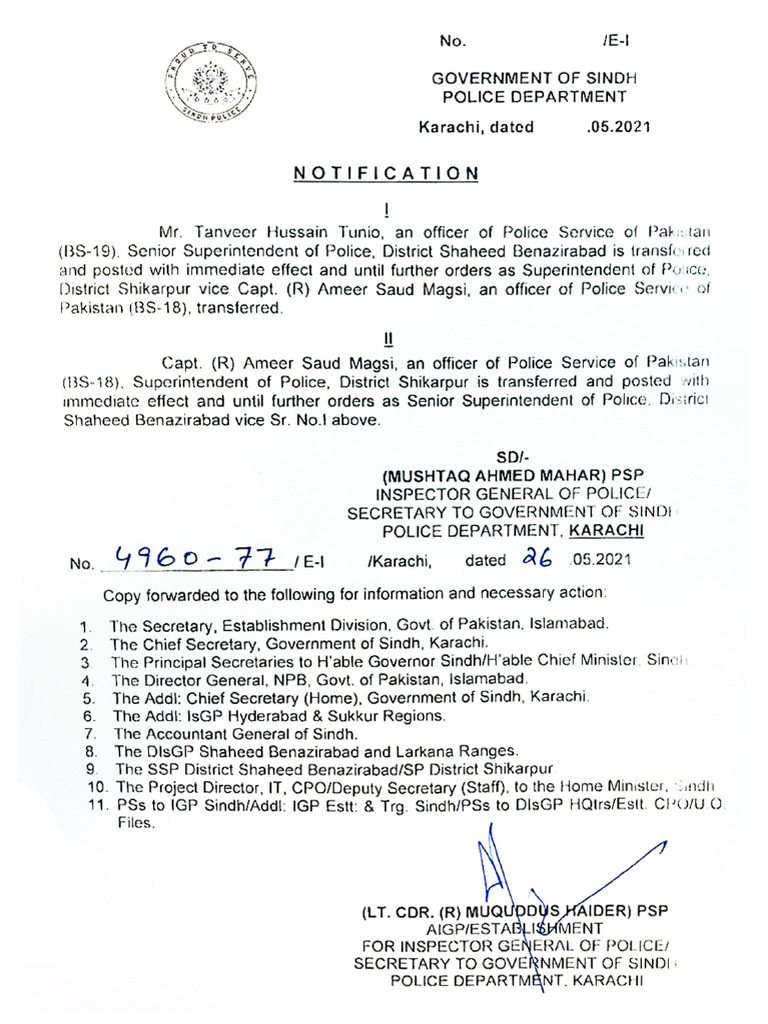 Notification Regarding Transfer of SSP Mr. Tanveer Hussain Tunio, PSP ...