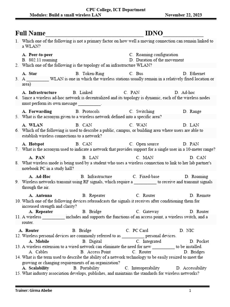 Wirless LAN Exam | PDF | Wireless Lan | Computer Network