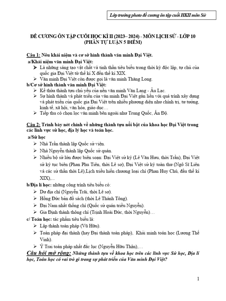 De Cuong Su 10 NTH Cuoi HK2 2023 2024 | PDF