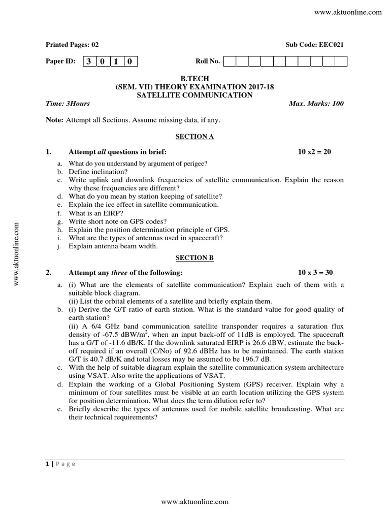 Btech Ec 7 Sem Satellite Communication Eec 021 2017 18 | PDF ...