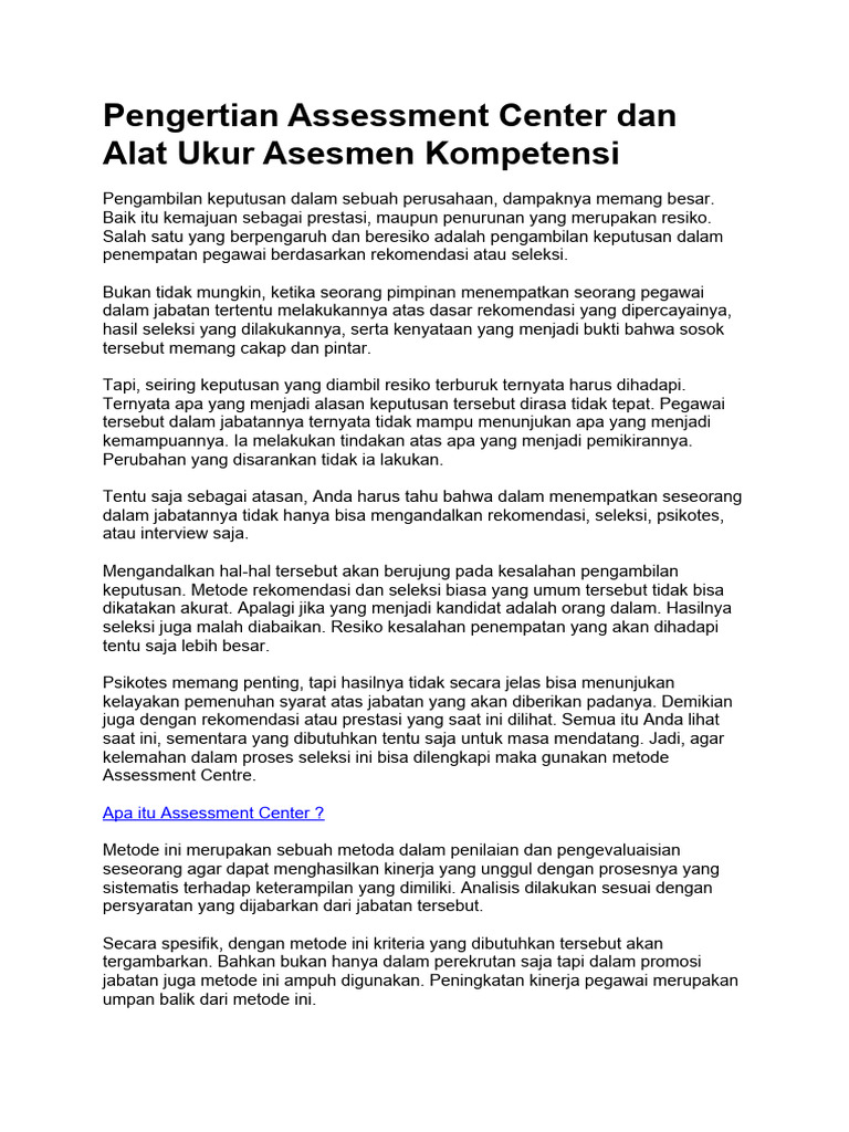 Pengertian Assessment Center Dan Alat Ukur Asesmen Kompetensi | PDF ...