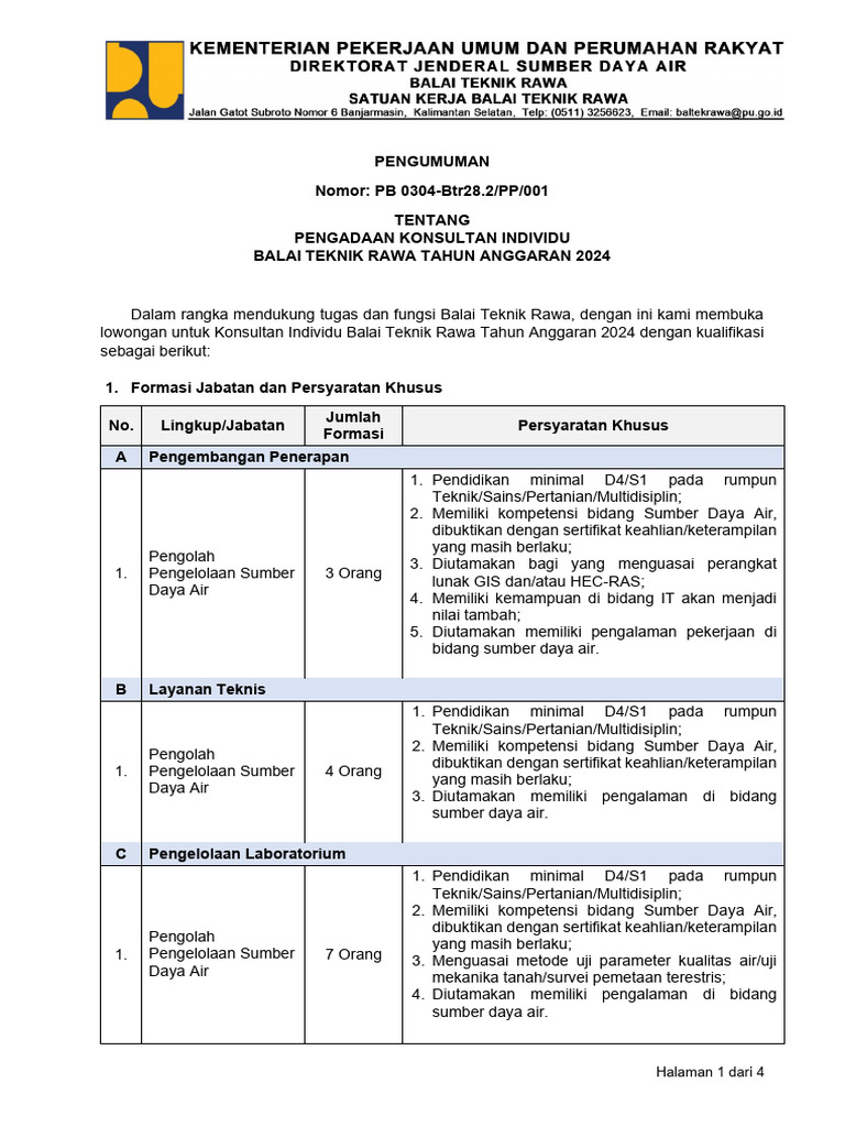 Pengumuman Pengadaan Konsultan Individu BTR TA 202 240122 131749 | PDF