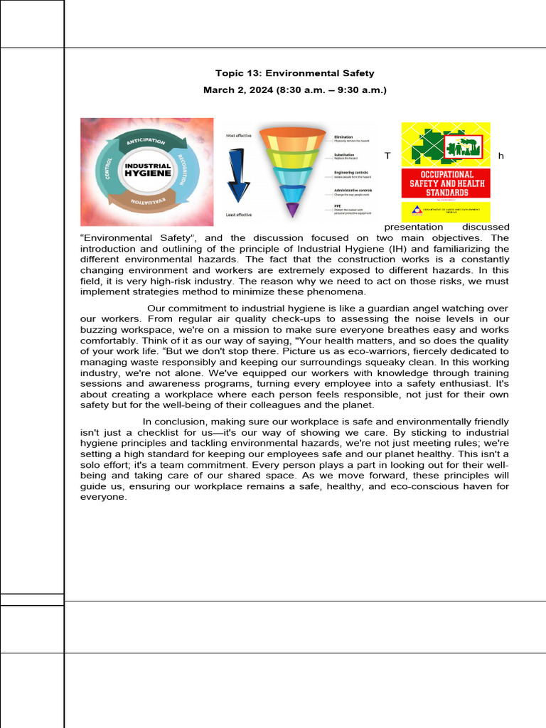 Narrative Report Day 3 | PDF | Occupational Hygiene | Occupational ...