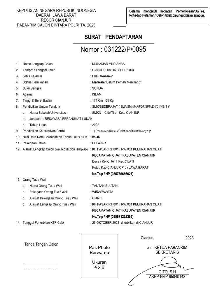 Pendaftaran Bintara Polri 2023: Muhamad Yudiansa | PDF