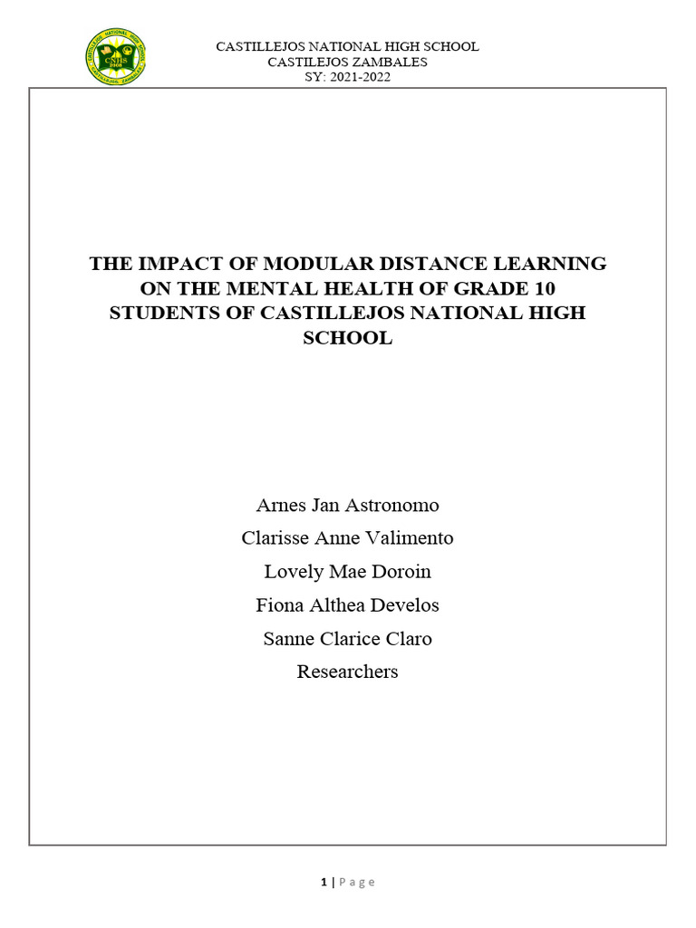 The Impact of Modular Distance Learning On The Mental Health of Grade ...