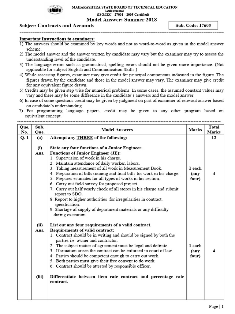 Model Answer for Contracts and Accounts | PDF | Specification ...