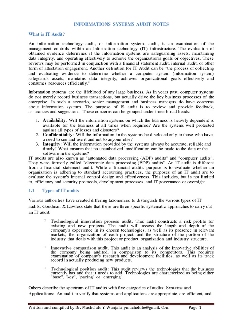 INFORMATIONS SYSTEMS AUDIT NOTES Muchelule | Download Free PDF | Audit ...