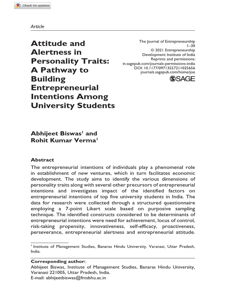 Attitude and Alertness in Personality Traits - A Pathway To Building Entrepreneurial Intentions ...
