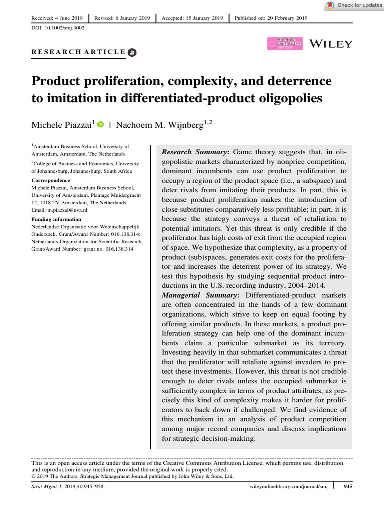 Strategic Management Journal - 2019 - Piazzai - Product Proliferation Complexity and Deterrence ...