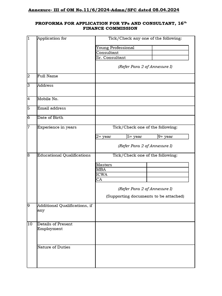 PROFORMA FOR APPLICATION FOR YPs AND CONSULTANT, 16th FINANCE COMMISSION | PDF