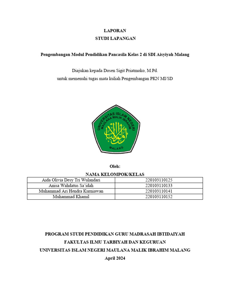 Template Laporan Studi Lapangan MK Pengembangan PPKN MI-SD-4-1-1-2 | PDF