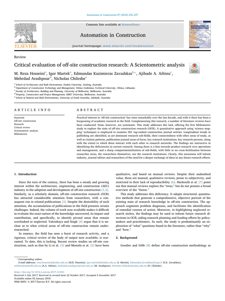 Critical Evaluation of Off-Site Construction Research - A Scientometric ...