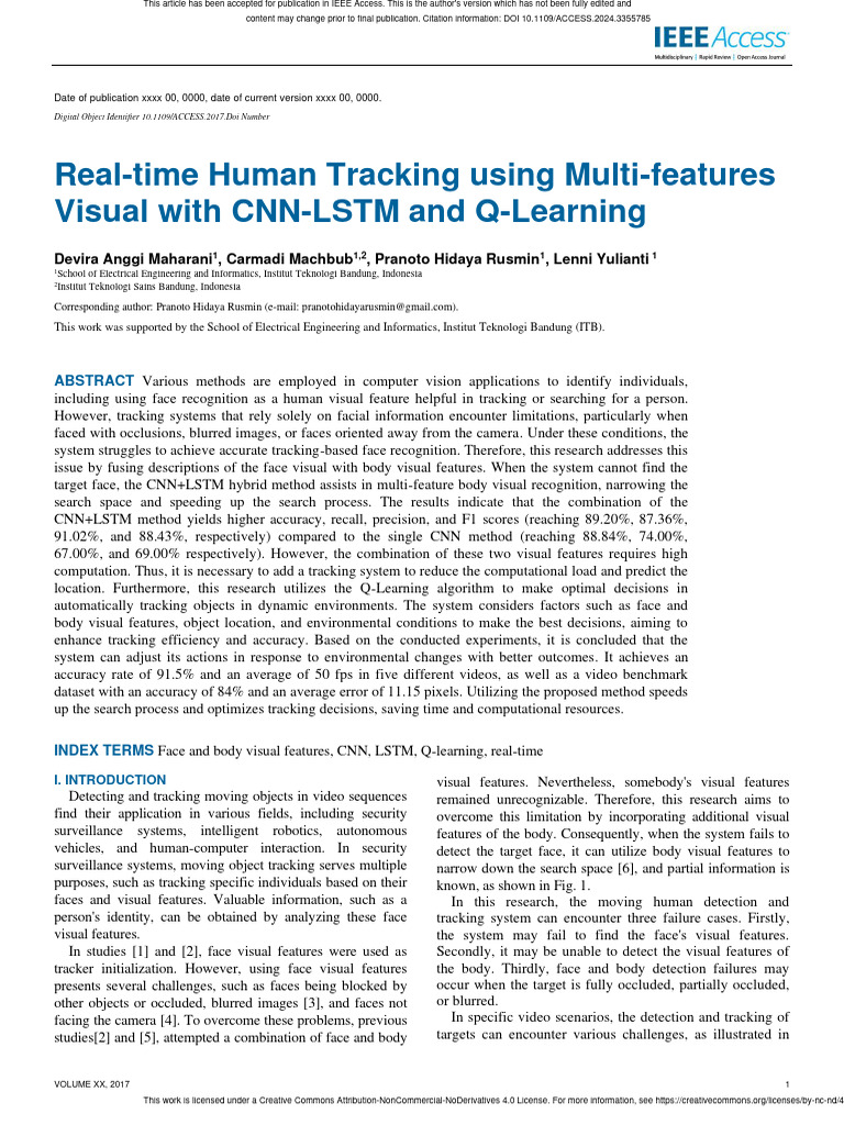 Real Time Human Tracking Using Multi Features Visual With Cnn Lstm And