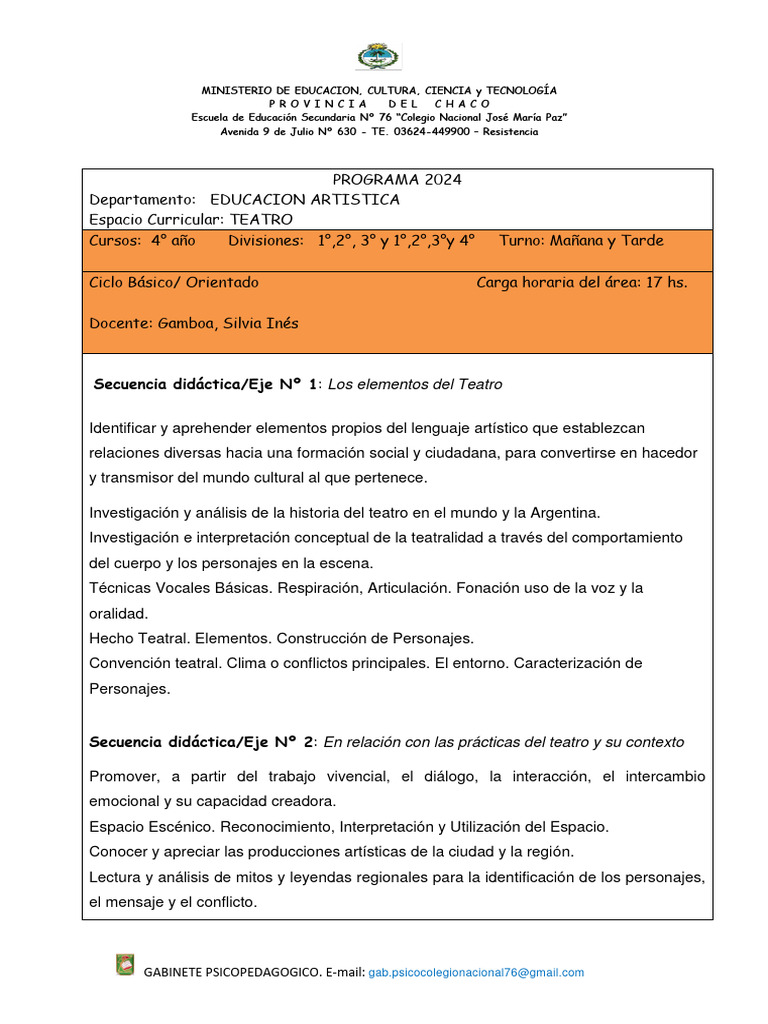 PROGRAMA TEATRO 2024 EES #76 Gamboa | PDF | Evaluación | Teatro