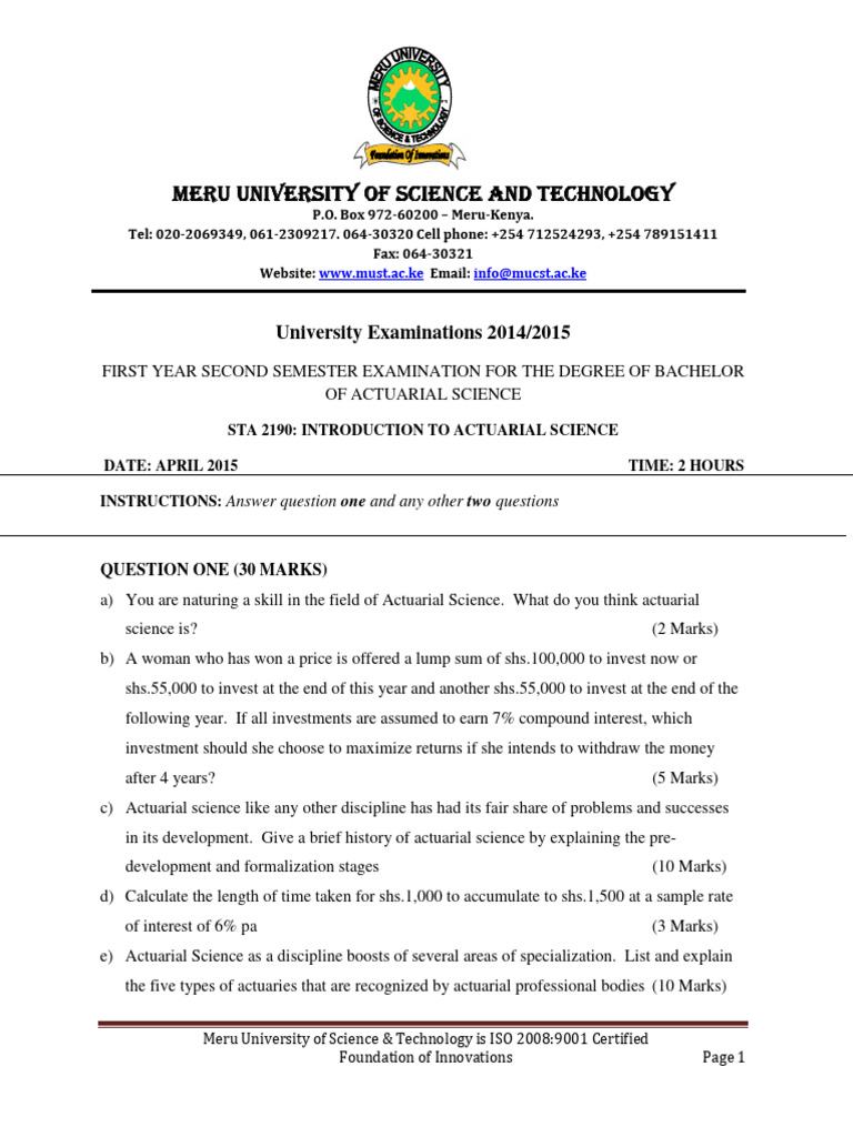Microsoft Word Sta 2190 Introduction To Actuarial Science | PDF | Life ...