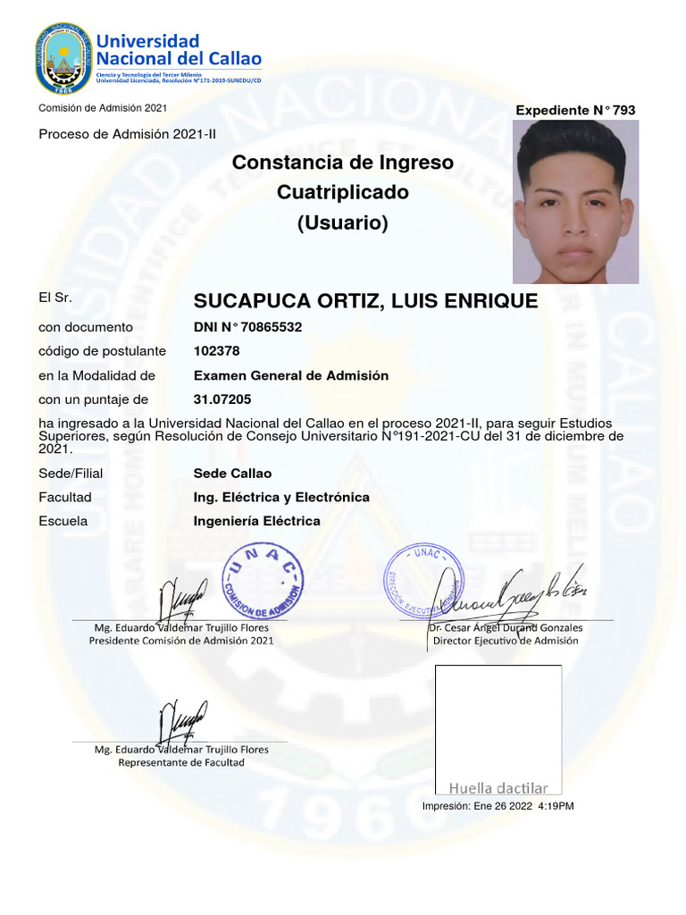 Constancia de Ingreso Unac | PDF