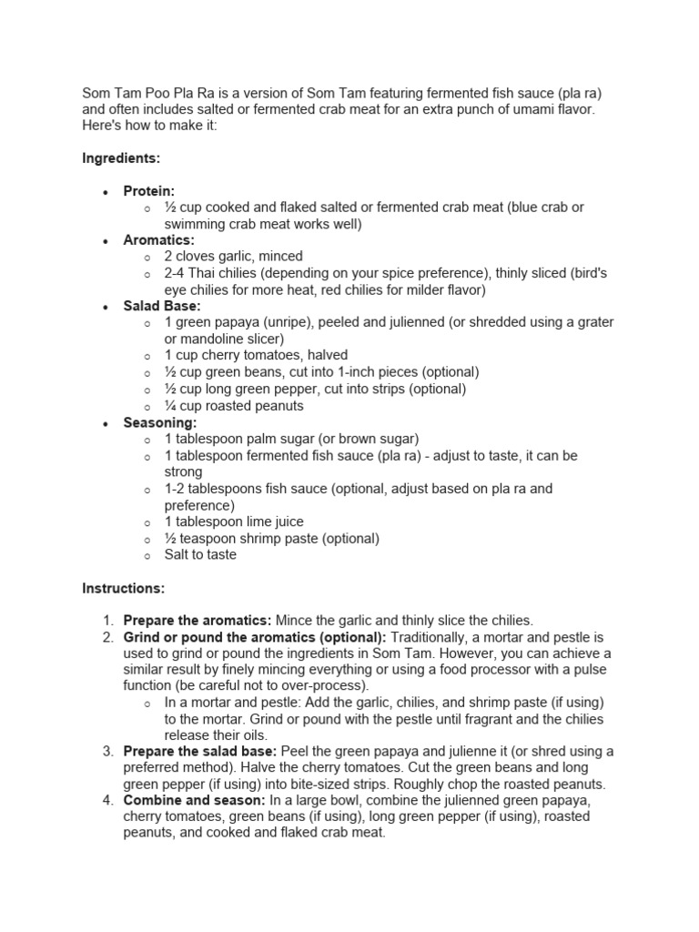 Som Tam Poo Pla Ra Recipe Guide | PDF | Taste | Foods
