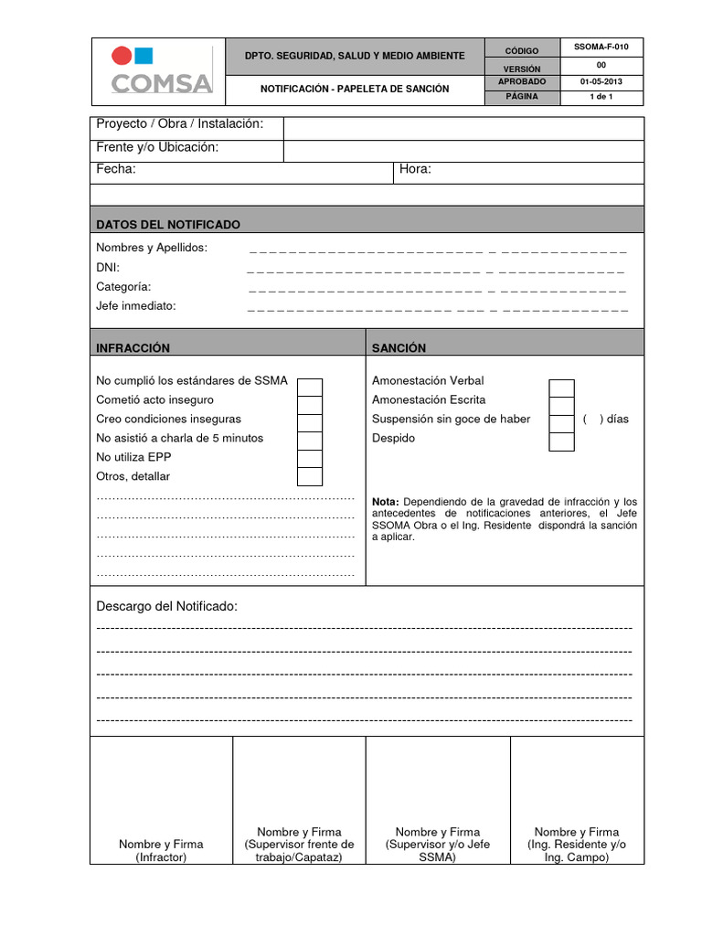 SSOMA-F-10 Notificación-Papeleta de Sanción | PDF SSOMA-F-10 Notificación-Papeleta de Sanción | PDF