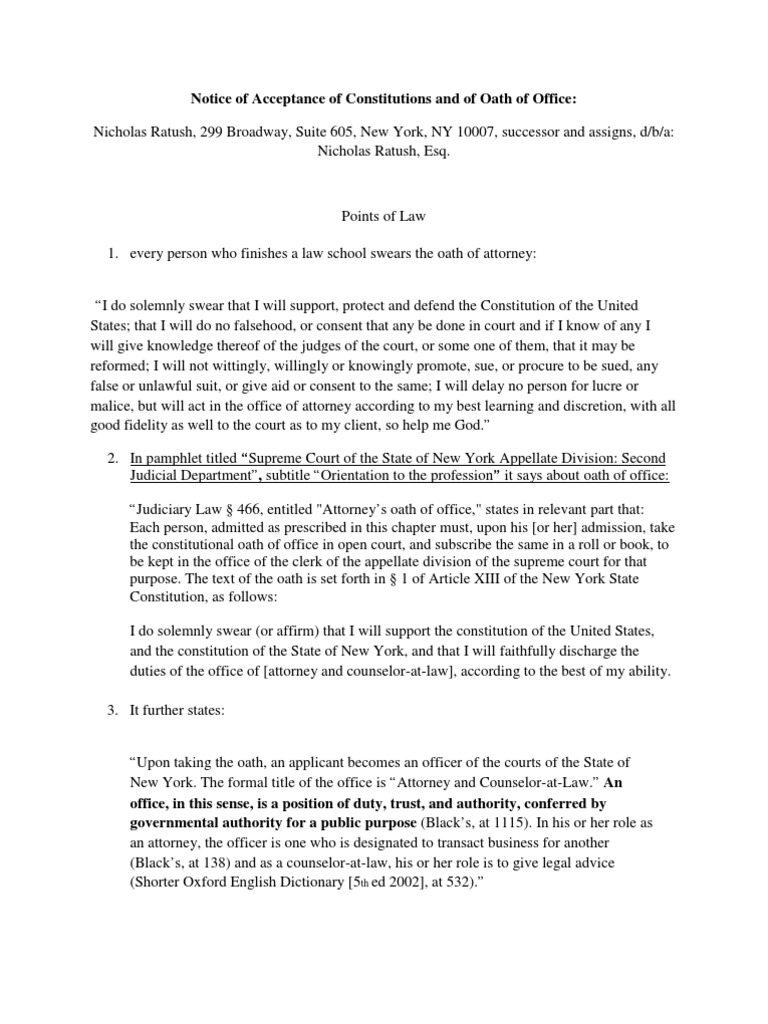 Notice of Acceptance of Constitutions and of Oath of Office Nicholas S ...
